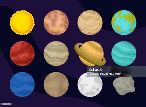 태양계의 행성의 평면 벡터 집합입니다 공간 또는 천문학 테마 우주의 탐구입니다 포스터 또는 프레 젠 테이 션에 대 한 요소 0명에 대한 스톡 벡터 아트 및 기타 이미지