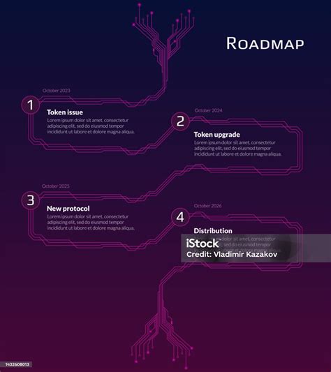 빨간색 배경에 암호 화폐 또는 디지털 기술 사이트에 대한 로드맵 Pcb 트랙과 복사 공간이있는 수직 타임 라인 벡터 비즈니스에 대한 스톡 벡터 아트 및 기타 이미지 Istock