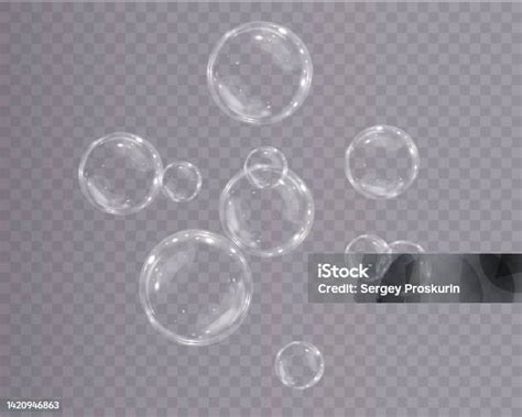현실적인 비누 거품 수집 거품은 투명한 배경에 있습니다 벡터 비행 비누 거품 버블 Png 워터 글라스 버블 현실적인 Png 3차원 형태에 대한 스톡 벡터 아트 및 기타
