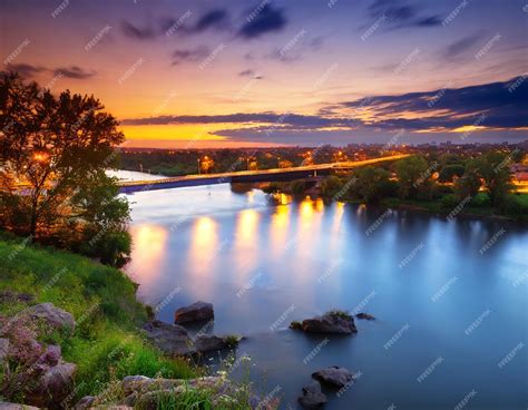 Premium Photo High Exposure Nature Landscape With River And Bridge At