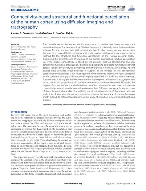 Pdf Connectivity Based Structural And Functional Parcellation Of The Human Cortex Using