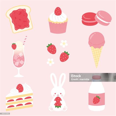 딸기 케이크와 디저트 세트 배너 카드 전단지 소셜 미디어 월페이퍼 등을 위한 벡터 일러스트레이션 0명에 대한 스톡 벡터 아트 및