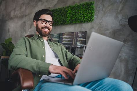 Portrait Of Professional Hacker Young Man Use Laptop Computer Desk Loft