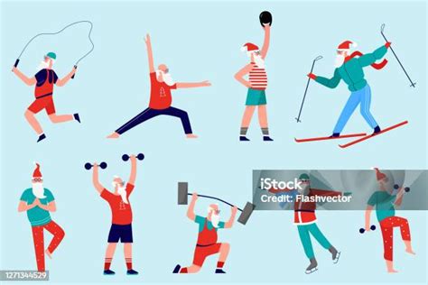 스포츠 운동 벡터 일러스트 아령 바벨체육관 운동을하는 만화 플랫 산타 캐릭터 요가 명상 포즈에 서 겨울에 대한 스톡 벡터 아트 및 기타 이미지 Istock