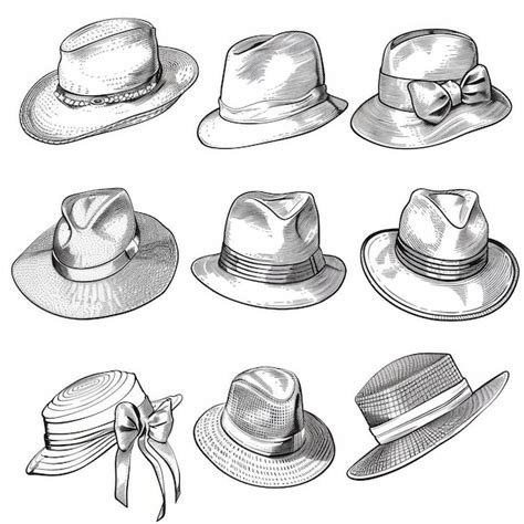 Doodle Hats Set Bonnet Beret Fedora Linear Drawings Collection