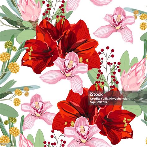 레드 백합 프로 티아와 난초 꽃 잔디와 열매 부케 원활한 패턴입니다 수채화 스타일 그림입니다 흰색 배경입니다 0명에 대한 스톡 벡터 아트 및 기타 이미지 Istock