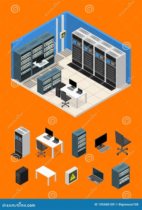 interior server room and parts isometric view vector stock vector illustration of interior