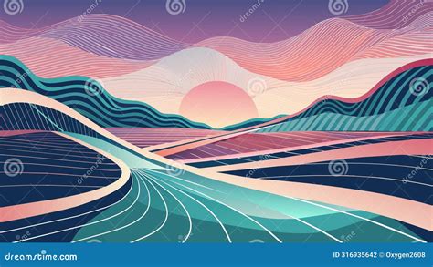 Surreal Digital Landscape With Vibrant Sunset And Wavy Patterns Vector