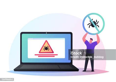 컴퓨터 바이러스의 보호 바이러스 백신 소프트웨어 개념 작은 남성 캐릭터 스탠드 에 거대한 노트북 보유 배너 와 버그 거미에 대한 스톡 벡터 아트 및 기타 이미지 Istock