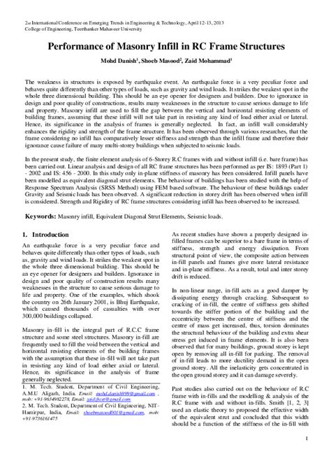 Pdf Performance Of Masonry Infill In Rc Frame Structures