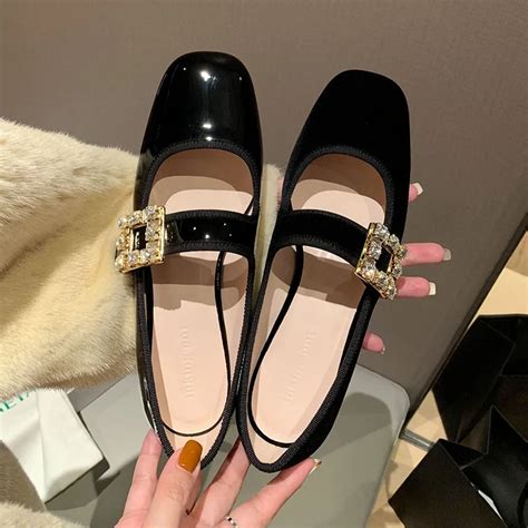 여성용 메리 제인 펌프스 우아한 로우 힐 얕은 싱글 슈즈 라인석 스퀘어 버튼 플랫 슈즈 부드러운 프렌치 힐 패션