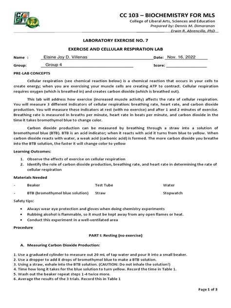 Cc 103 Laboratory Exercise No 7 Exercise And Cellular Respiration Lab