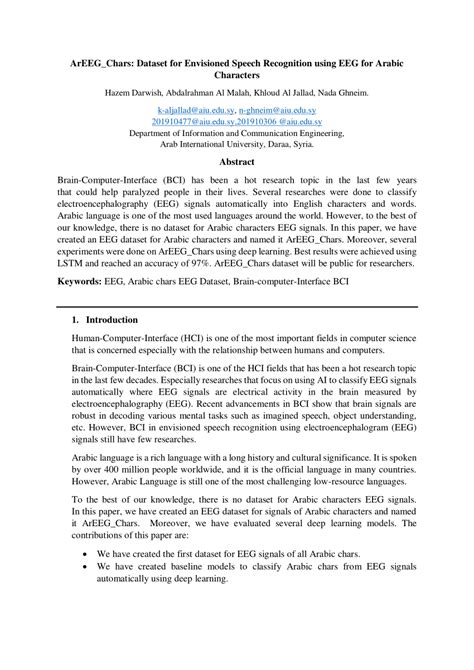Pdf Areegchars Dataset For Envisioned Speech Recognition Using Eeg For Arabic Characters