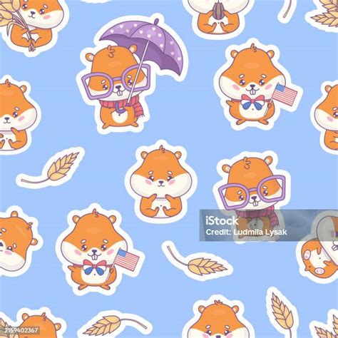 귀여운 만화 햄스터와 함께 완벽 한 패턴입니다 우산과 안경을 쓴 재미있는 설치류 카와이 캐릭터 이삭이 있는 파란색 배경에 미국 국기를 들고 수줍어하고 애국심이 강합니다 벡터