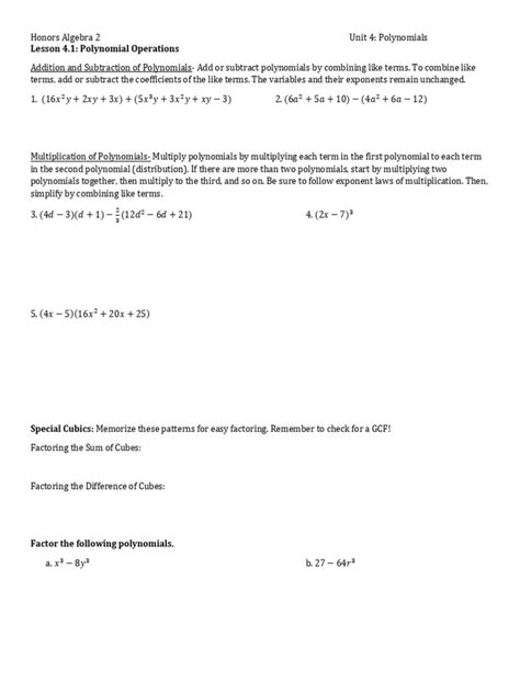 Lesson 4 1 Polynomial Operations And Special Factoring Pdf
