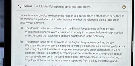 solved exercise 6 8 1 identifying partial strict and total orders