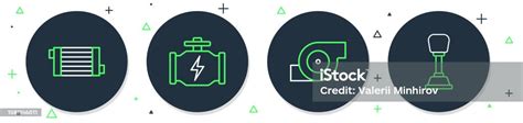 세트 라인 체크 엔진 자동차 터보 차저 자동차 라디에이터 냉각 시스템 및 기어 시프터 아이콘 벡터 터보과급기에 대한 스톡 벡터