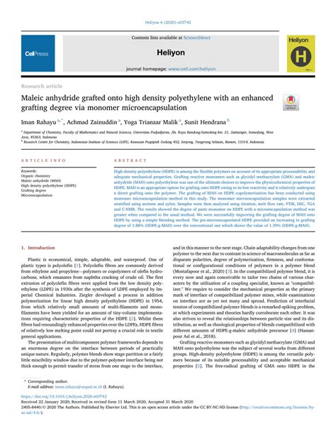 Pdf Maleic Anhydride Grafted Onto High Density Polyethylene With An Enhanced Grafting Degree