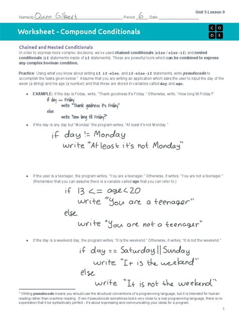 worksheet compound conditionals chained and nested conditionals