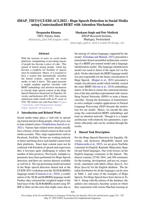 Pdf Idiaptietlt Edi Acl2022 Hope Speech Detection In Social Media Using Contextualized