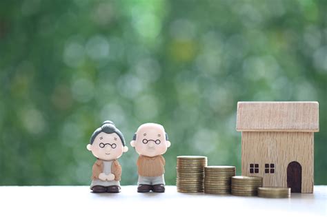 뮤추얼 펀드 자연 녹색 배경에 동전 돈의 스택과 사랑 부부 선임 및 모델 하우스 미래에 준비하기위한 돈을 절약하고 연금 은퇴 개념 대출에 대한 스톡 사진 및 기타 이미지