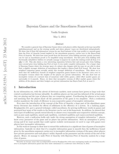 Pdf Bayesian Games And The Smoothness Framework