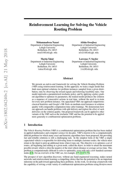2018 reinforcement learning for solving vrp pdf mathematical optimization algorithms