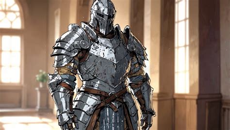 An Armored Knight In Full Body Armor Indoors Anime Style Stock