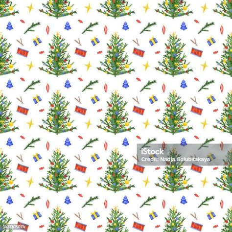 크리스마스 트리 완벽 한 패턴입니다 수채화 휴일 나무 드럼 선물 상자 별 소나무 가지가 흰색 배경에 끝없는 인쇄 겨울 벽지