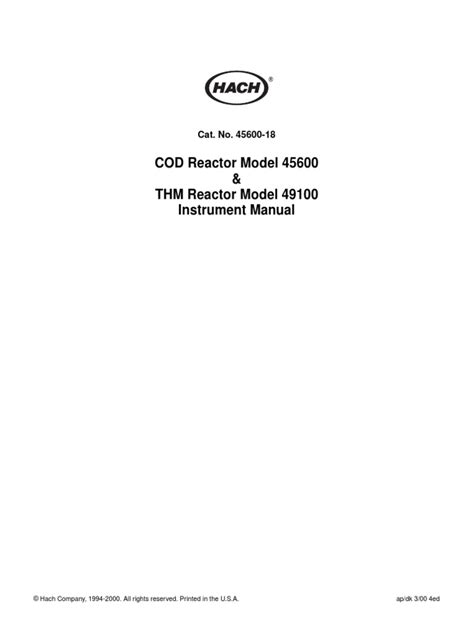 Cod Reactor Model 45600 And Thm Reactor Model 49100 Instrument Manual