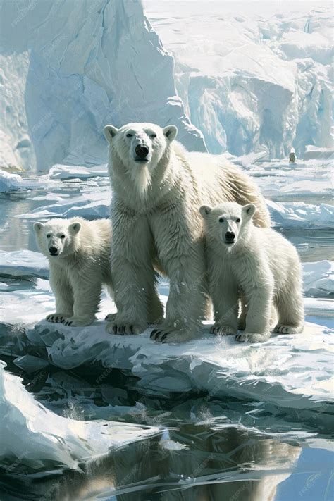 Premium Photo Digital Art Of A Polar Bear And Cubs On Melting Ice Floes