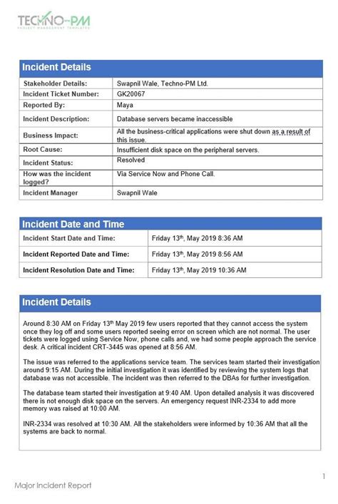 Major Incident Report Template Artofit