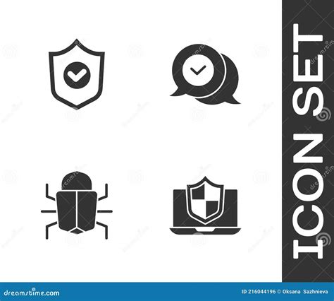 Set Laptop Protected With Shield Shield Check Mark System Bug And Check In Speech Bubble Icon