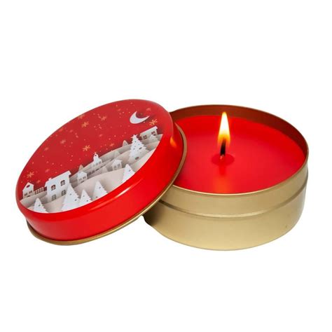 ᐉ Новогодняя свеча в металлической банке натуральная без запаха Красный 100957