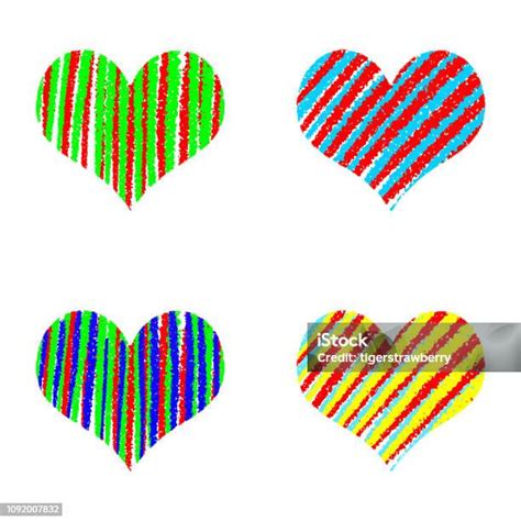 수채화 및 색깔 연필 이나 크레용 레인 보우 하트 디자인의 집합입니다 흉터와 바늘 마음입니다 벡터 일러스트입니다 깨짐에 대한 스톡 벡터 아트 및 기타 이미지 Istock