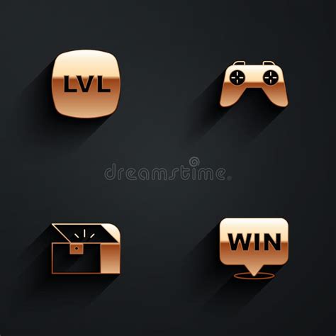Set Level Game Game Controller Or Joystick Chest For And Medal Icon With Long Shadow Vector