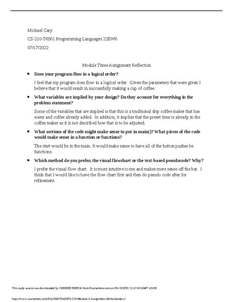 Cs 210 Module 3 Assignment Reflection Michael Cary Cs 210 T6561