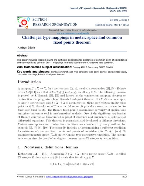 Pdf Chatterjea Type Mappings In Metric Space And Common Fixed Points Theorem
