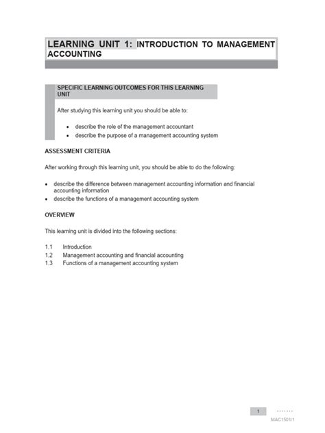 Learning Unit 1 Pdf Management Accounting Audit