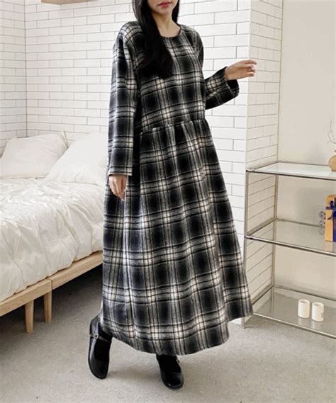 가을 겨울 겉기모 50대 중년여성 미시 엄마옷 할머니옷 큰옷 빅사이즈 체크 롱 원피스