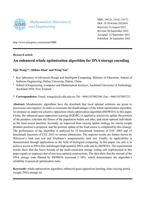 Pdf An Enhanced Whale Optimization Algorithm For Dna Storage Encoding
