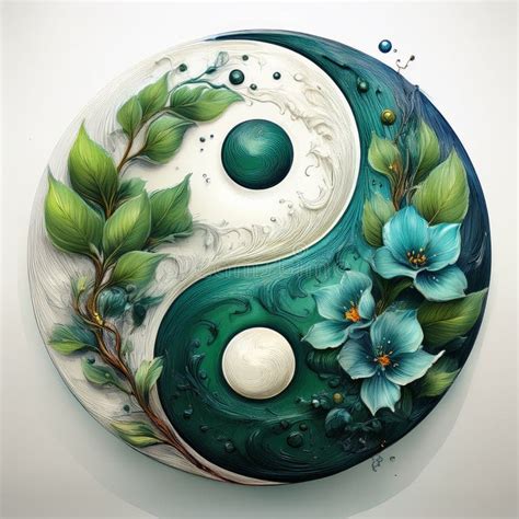 Yin And Yang With Green Leaves And Flowers Stock Illustration