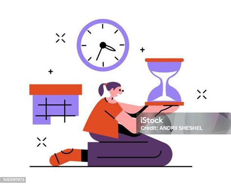 바닥에 앉아 모래시계를 들고 시간을 성공적으로 관리하는 아가씨 결심에 대한 스톡 벡터 아트 및 기타 이미지 결심 공연 균형 Istock