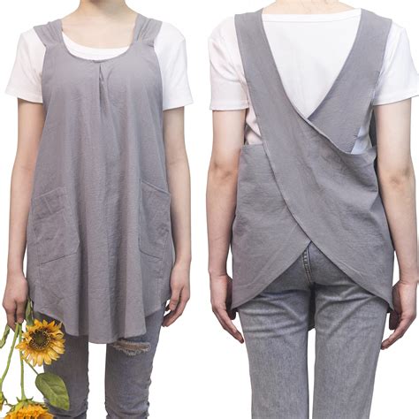 Aoipend Japanese Apron For Women With 2 Pockets Linen Cross Back Cute