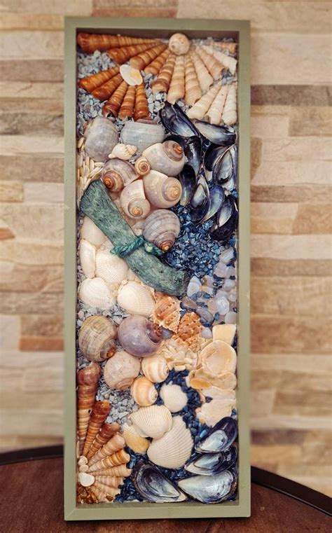 Framed Seashell Collage Wall Art Handmade Coastal Wall Hanging Grey