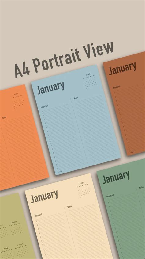 Vintage Monthly Calendar 2024 A4 Portrait View Retro Farben