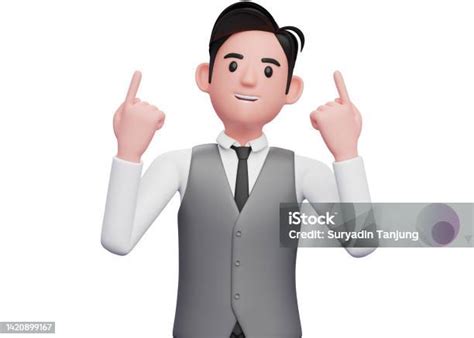 회색 조끼 양복을 입은 사업가가 검지 손가락을 들고 올려다 보며 감사함을 지적하는 사업가의 3d 삽화 가리키기에 대한 스톡 사진 및 기타 이미지 Istock