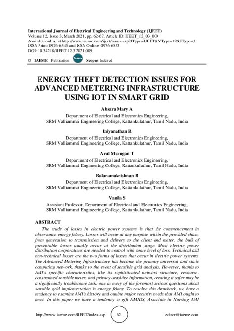 Pdf Energy Theft Detection Issues For Advanced Metering Infrastructure Using Iot In Smart Grid