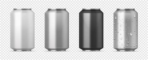 물 응축 효과가 있는 탄산 음료를 위한 현실적인 맥주 팩 3d 알루미늄 캔 투명한 배경 벡터 브랜드 아이덴티티 세트에 알코올 또는 소다 음료 용기 프리미엄 벡터