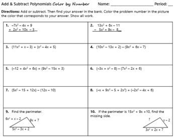 Add And Subtract Polynomials Color By Number Activity By Doing Math